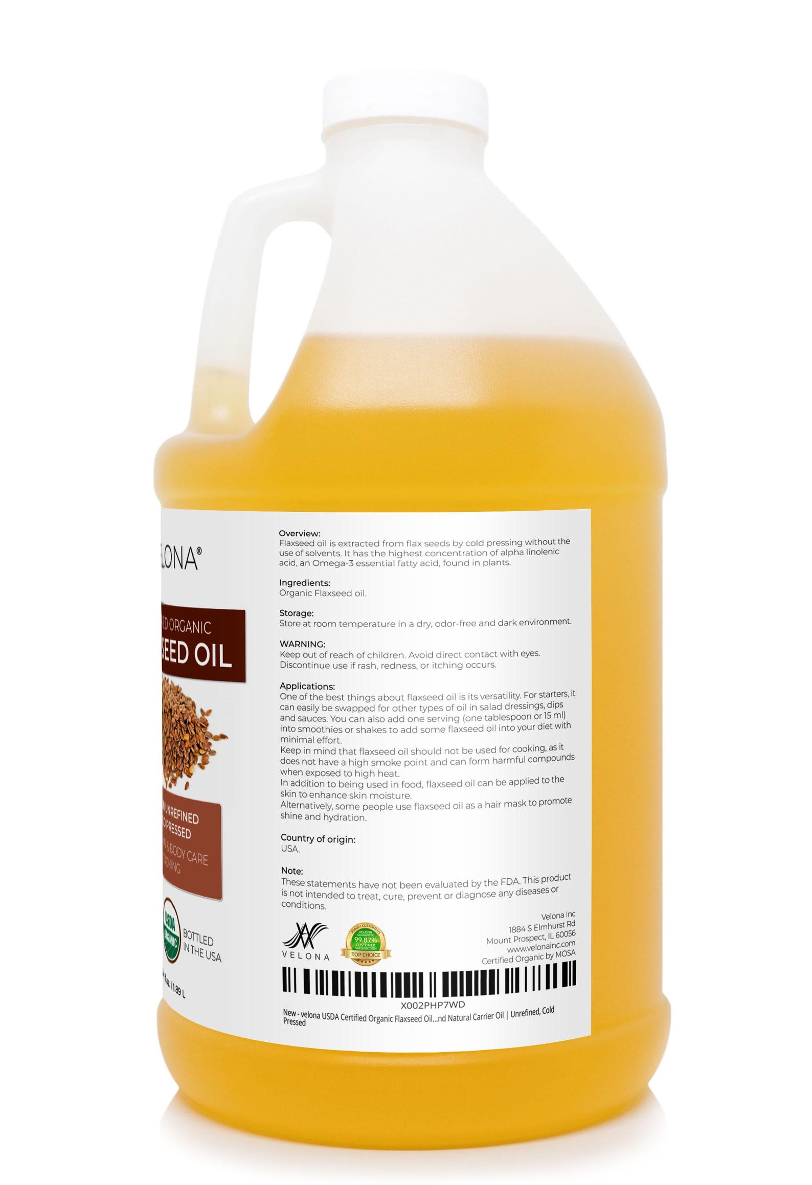 Velona USDA Certified Organic Flaxseed Oil - 64 Fl Oz | 100% Pure and ...