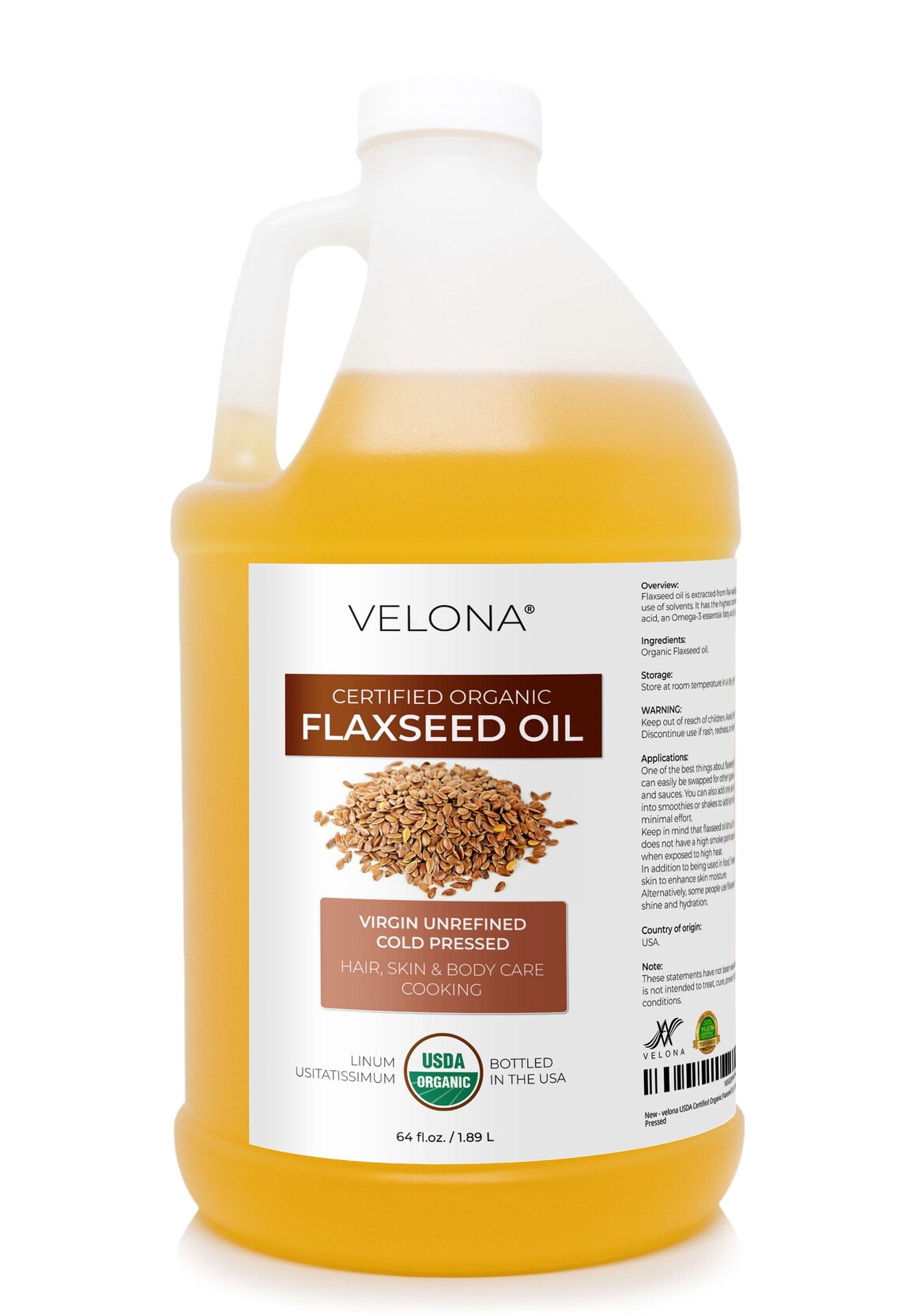 Velona USDA Certified Organic Flaxseed Oil - 64 Fl Oz | 100% Pure and ...