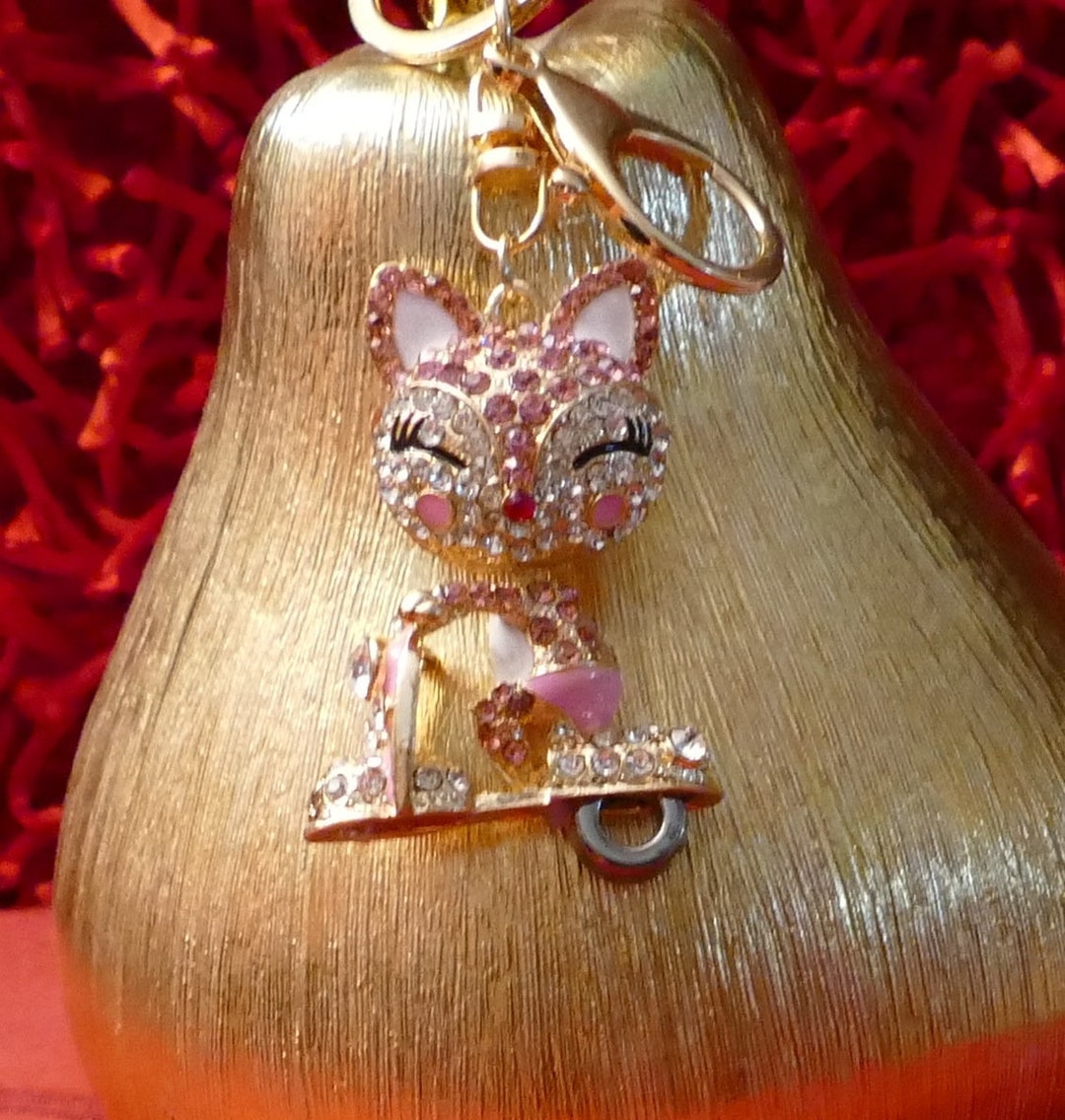 A Beautiful Diamante Pink Fox on Skateboard Rhinestones Keyring Charm ...