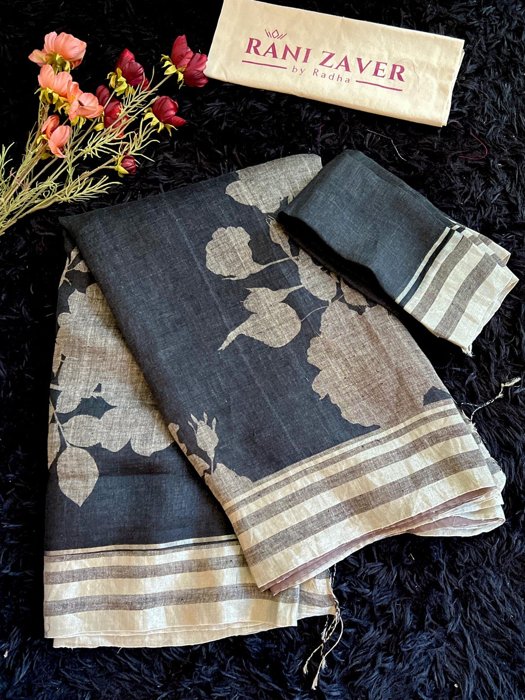 Unstitched BP Black With Silver Designer Pure Linen| Saree With ...