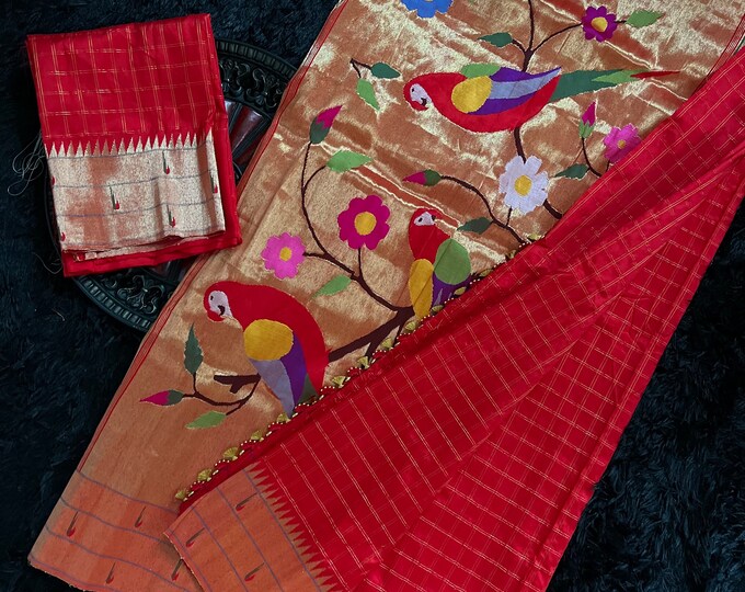 Unstitched Blouse Triple Muniya Gold Zari Chilli Red Gold Checks Pure Silk Handloom Yeola ...