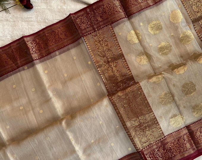 38 Size Stitched off White Tissue Chanderi Katan Silk Handloom Saree ...