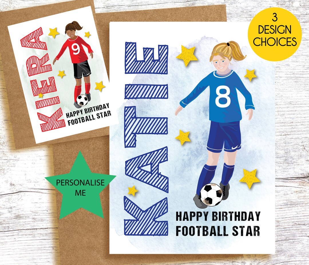 Girls Football Birthday Card - A5 - Personalise - Choose Colour - Add ...