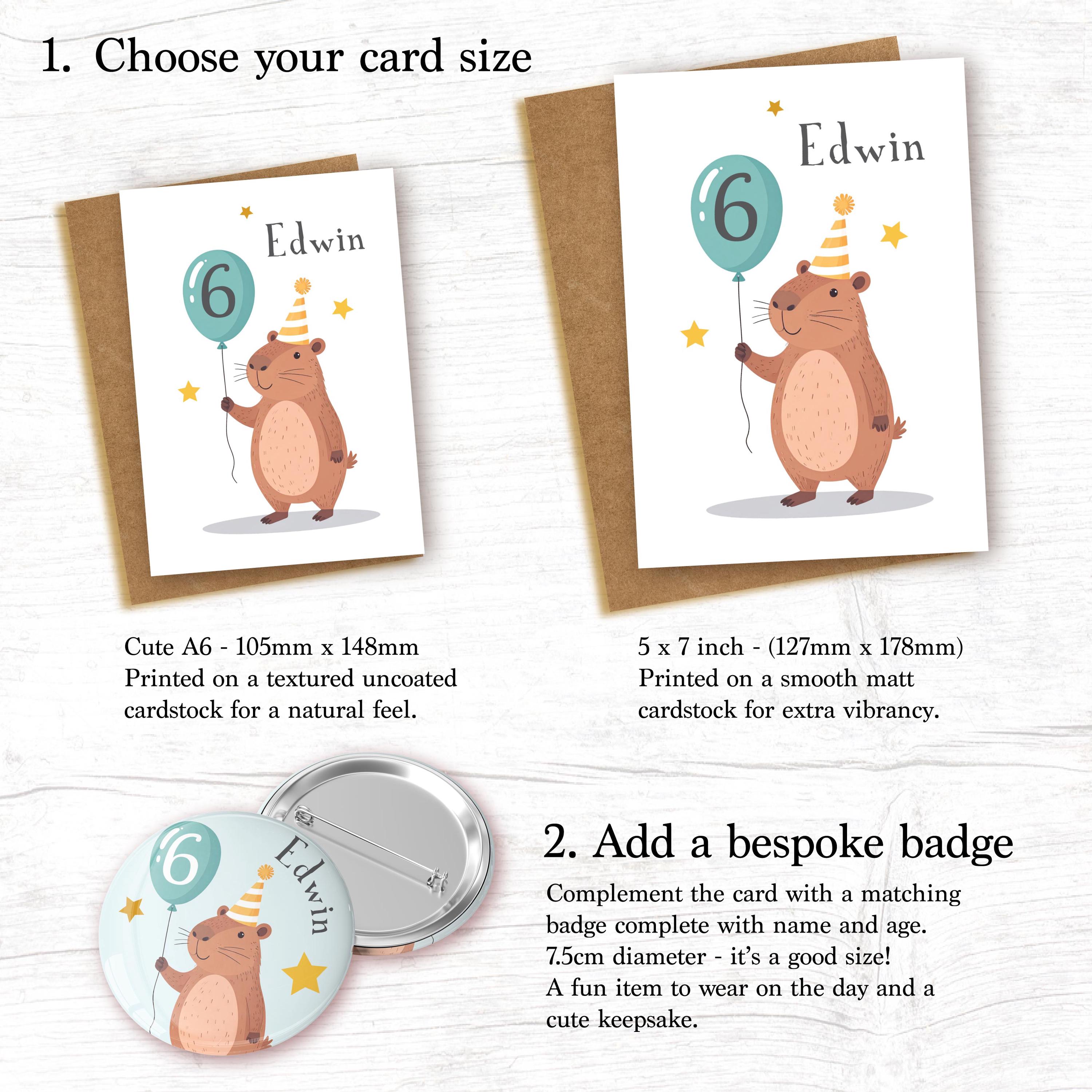 Personalised Capybara Birthday Card and Badge - Custom Name and Age 1 2 ...