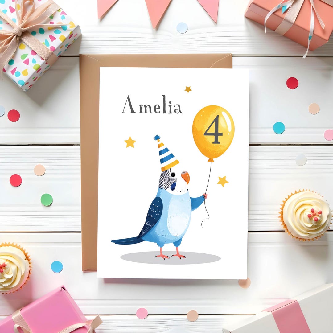 Personalised Blue Budgie Birthday Card and Badge - Custom Name and Age ...