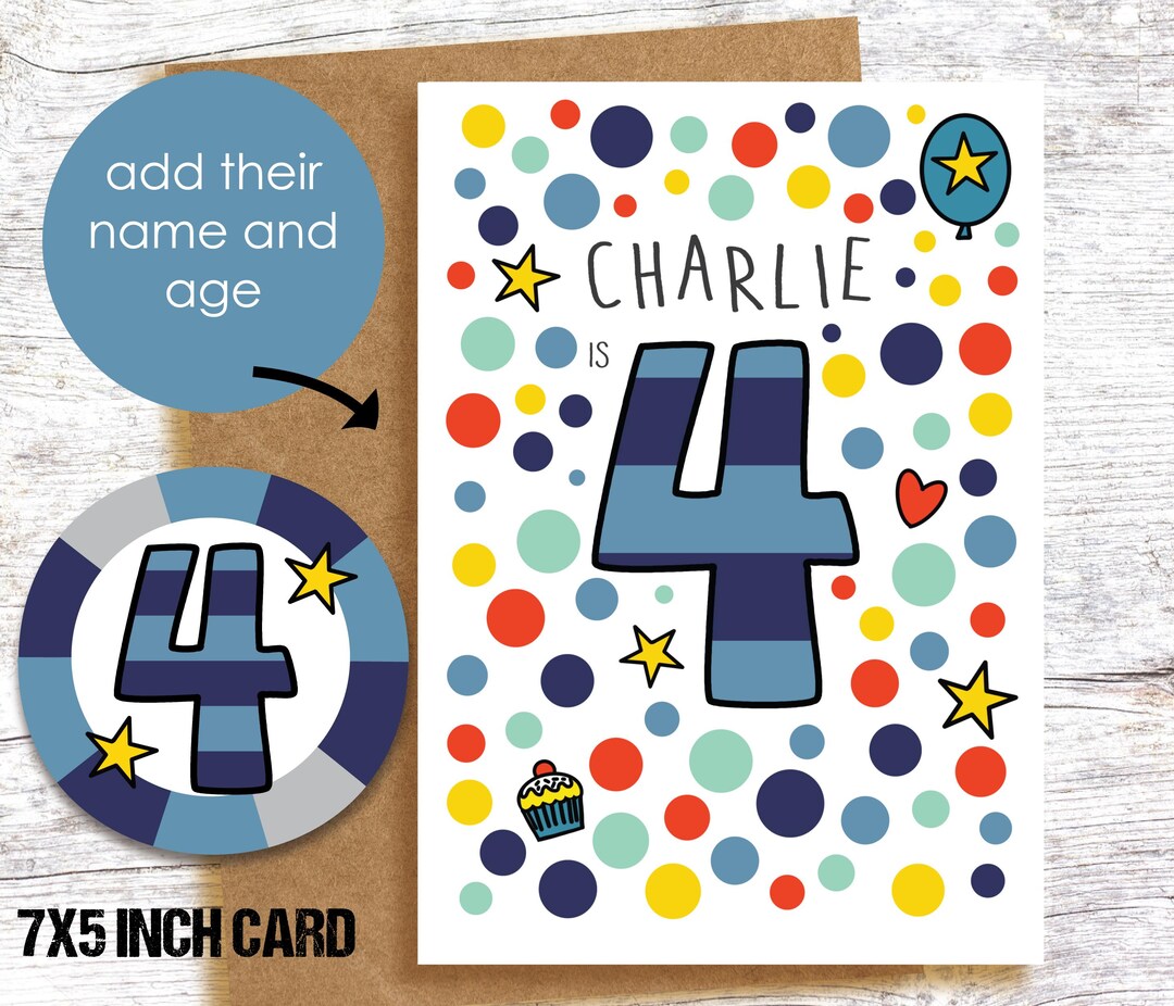 Personalised 4th Birthday Card - Bright Fun Colourful Boys - Add Their ...