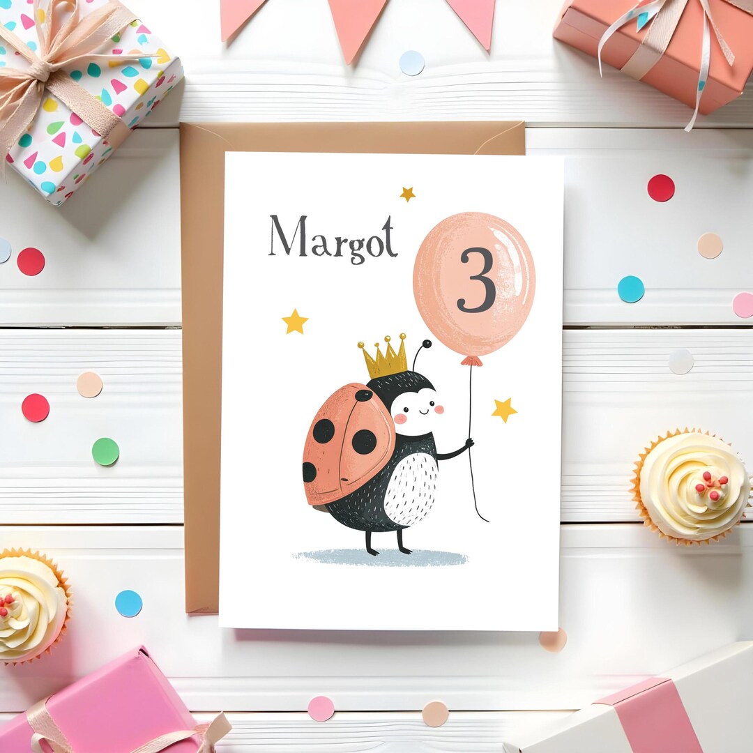 Personalised Ladybird Birthday Card and Badge - Custom Name and Age 1 2 ...