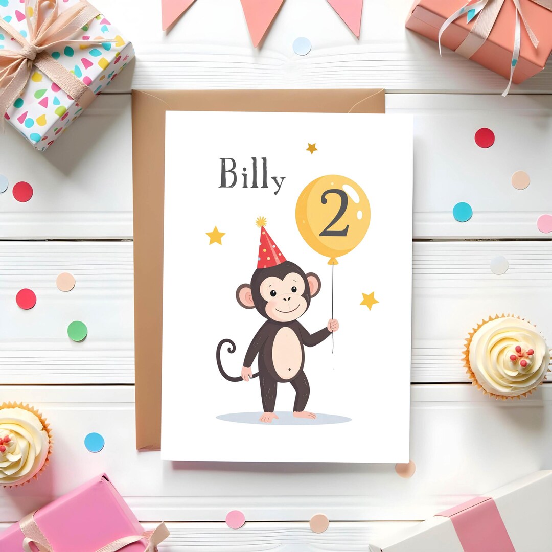 Personalised Monkey Birthday Card and Badge - Custom Name and Age 1 2 3 ...