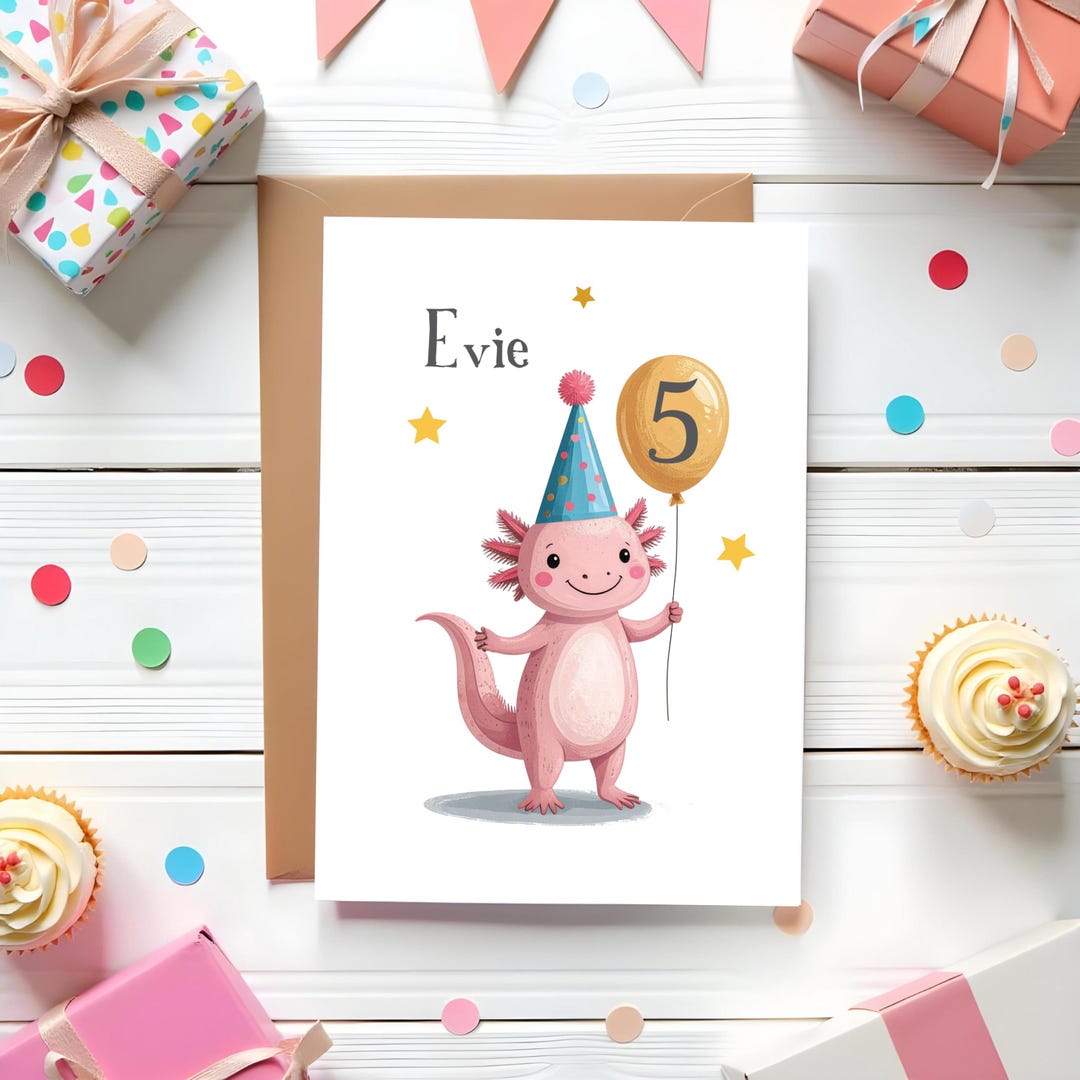 Personalised Axolotl Birthday Card and Badge - Custom Name and Age 1 2 ...