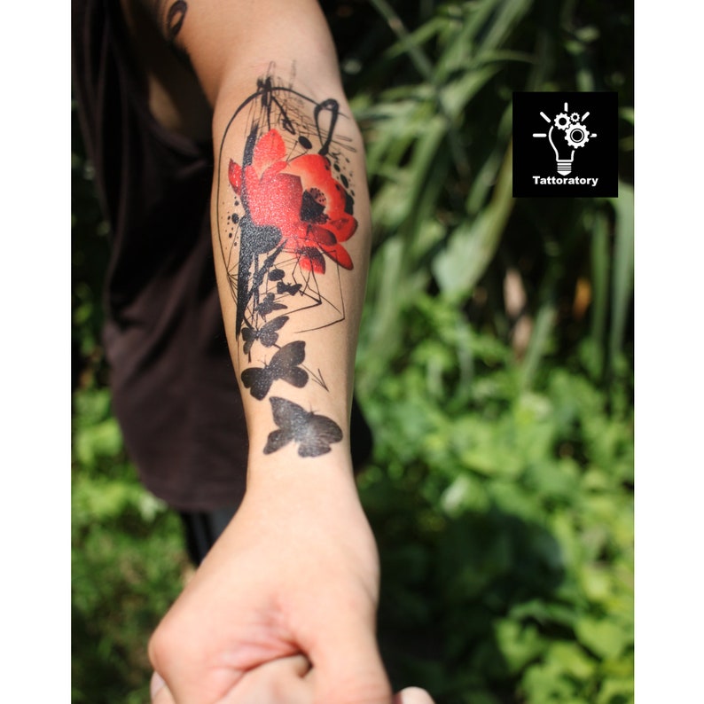 Trash Polka Tatuaje temporal, Acuarela Flor de loto Fake Tattoo Sleeve ...
