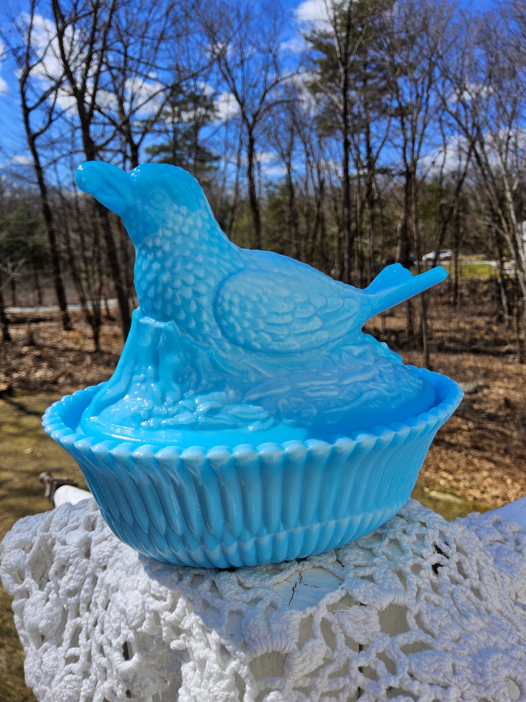 Summit Glass Blue Slag Robin on a Nest Candy Dish - Etsy