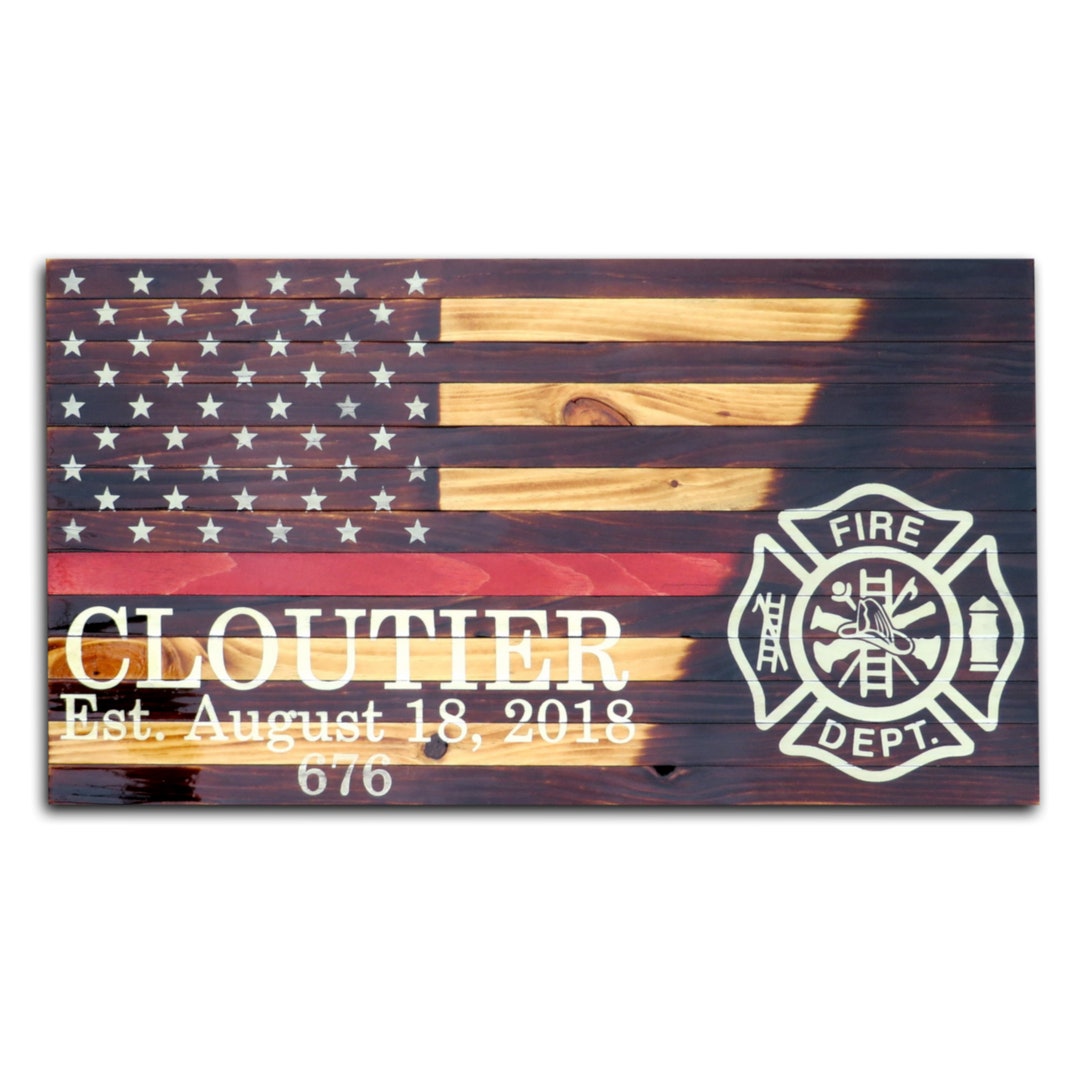 Personalized Red Line Fireman's Rustic American Wood Flag - Custom Fire ...