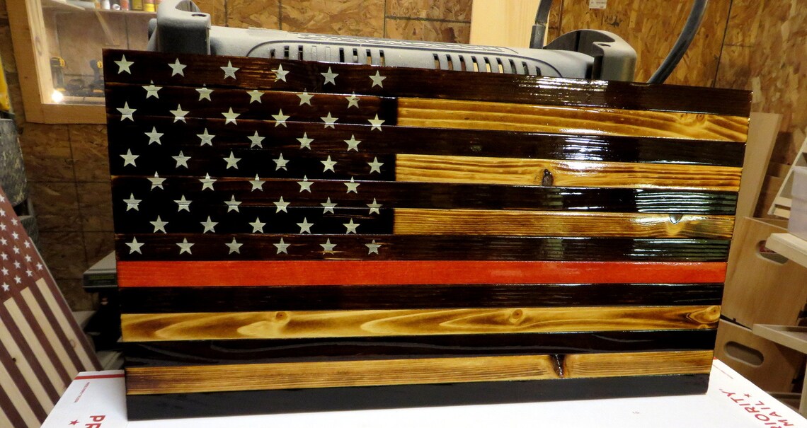 Red Line Fireman's Wood American Flag - Fireman's Gift - Fireman Flag ...