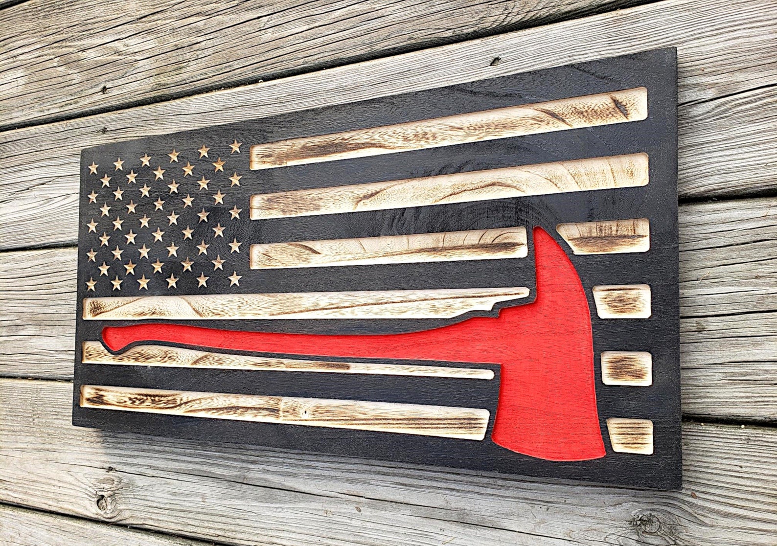 Carved Red Line Fireman's Wood Flag FD Axe Wood Flag - Etsy
