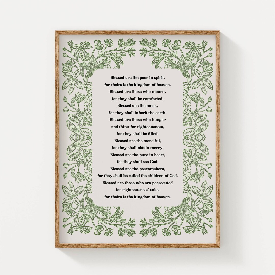 Beatitudes Catholic Wall Art, Scripture Printable, Green Floral Art ...