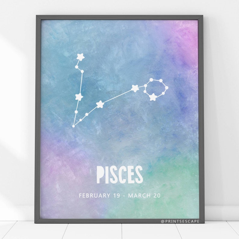 Pisces Zodiac Print Green and Purple, Pisces Constellation, Zodiac ...