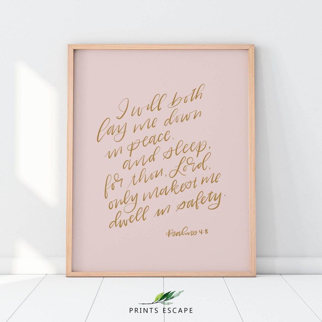 Psalms 4 8 Bible Verse Wall Art, Printable Bedtime Prayer, Peach Pink ...