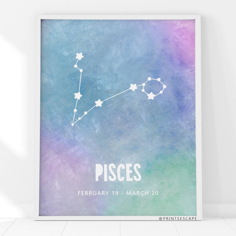 Pisces Zodiac Print Green and Purple, Pisces Constellation, Zodiac ...