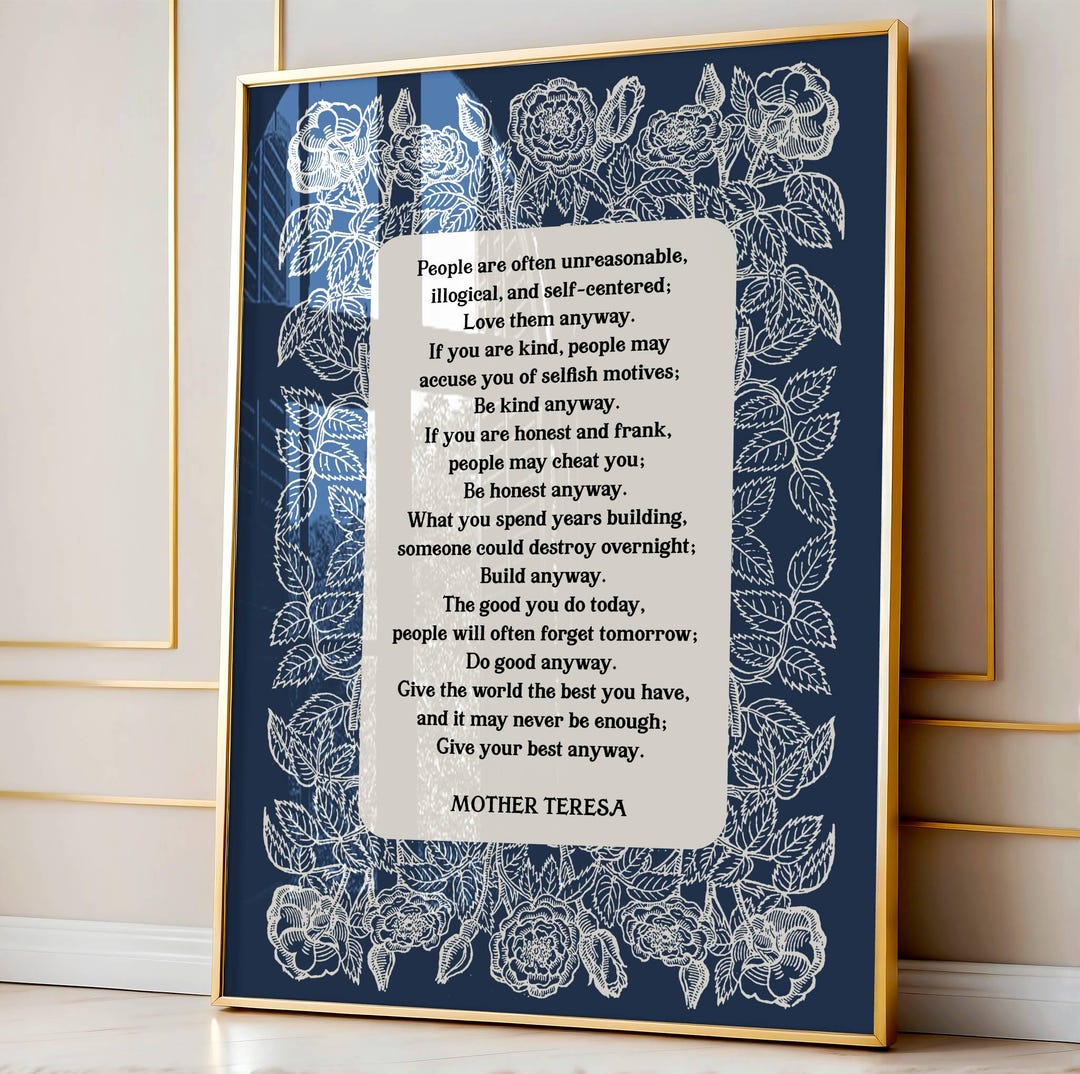 Mother Teresa Do It Anyway Print Navy Blue Floral Print, Blue Botanical ...