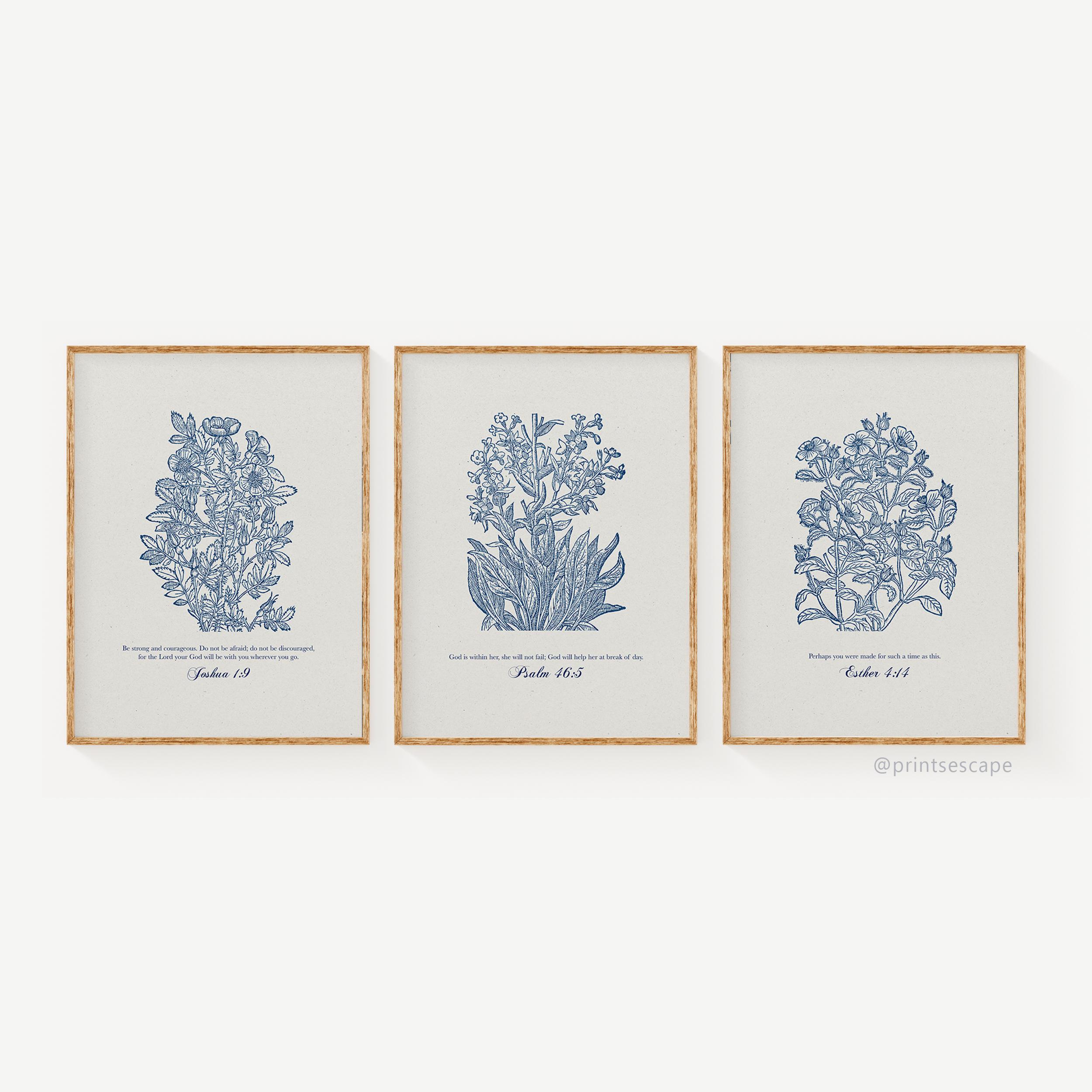 Christian Floral Set of 3 Prints, Psalm 46:5, Blue Botanical Scripture ...
