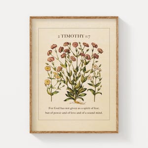 2 Timothy 1:7 Bible Verse Print, Vintage Botanical Christian Art ...