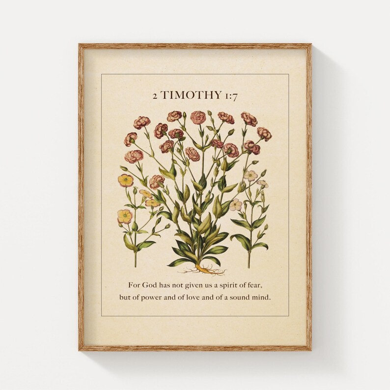 2 Timothy 1:7 Bible Verse Print, Vintage Botanical Christian Art ...