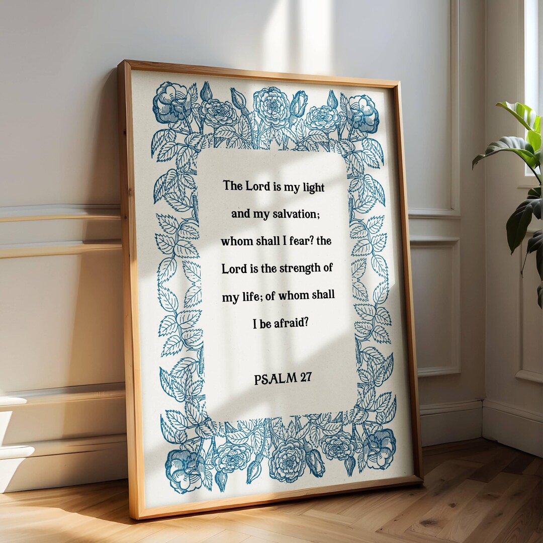 Psalm 27 Bible Verse Print Blue Floral Vintage Wall Art Christian ...