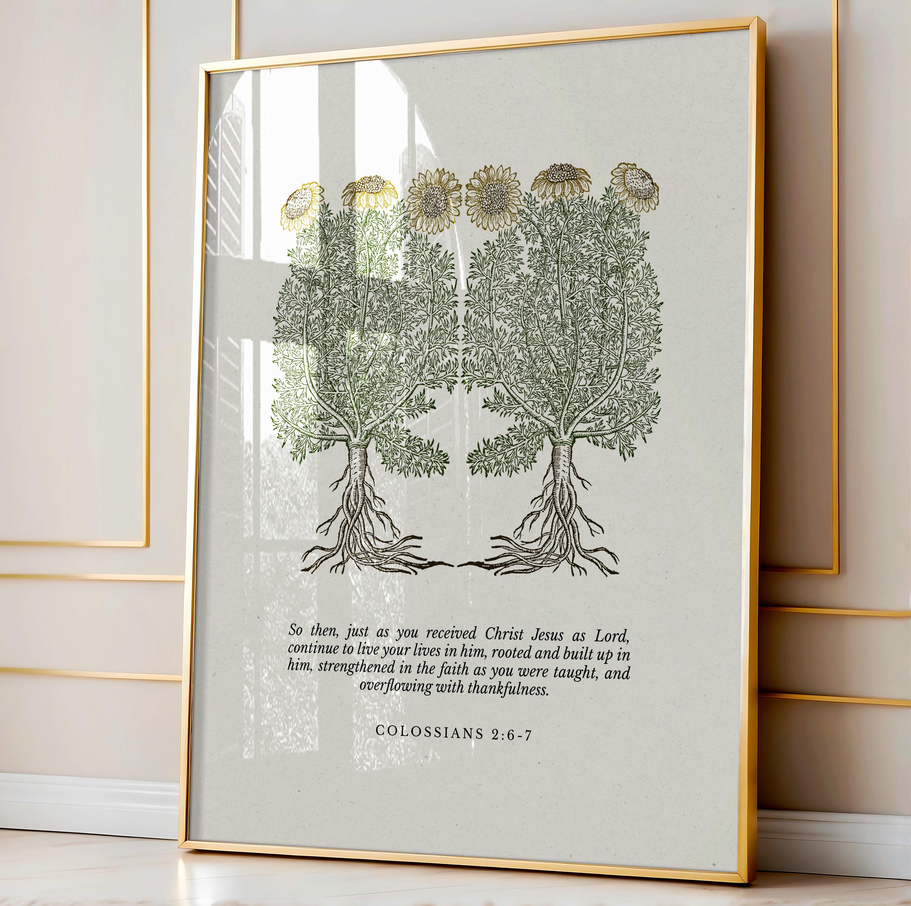 Colossians 2:6-7 Christian Art Print, Vintage Daisy Drawing, Floral ...