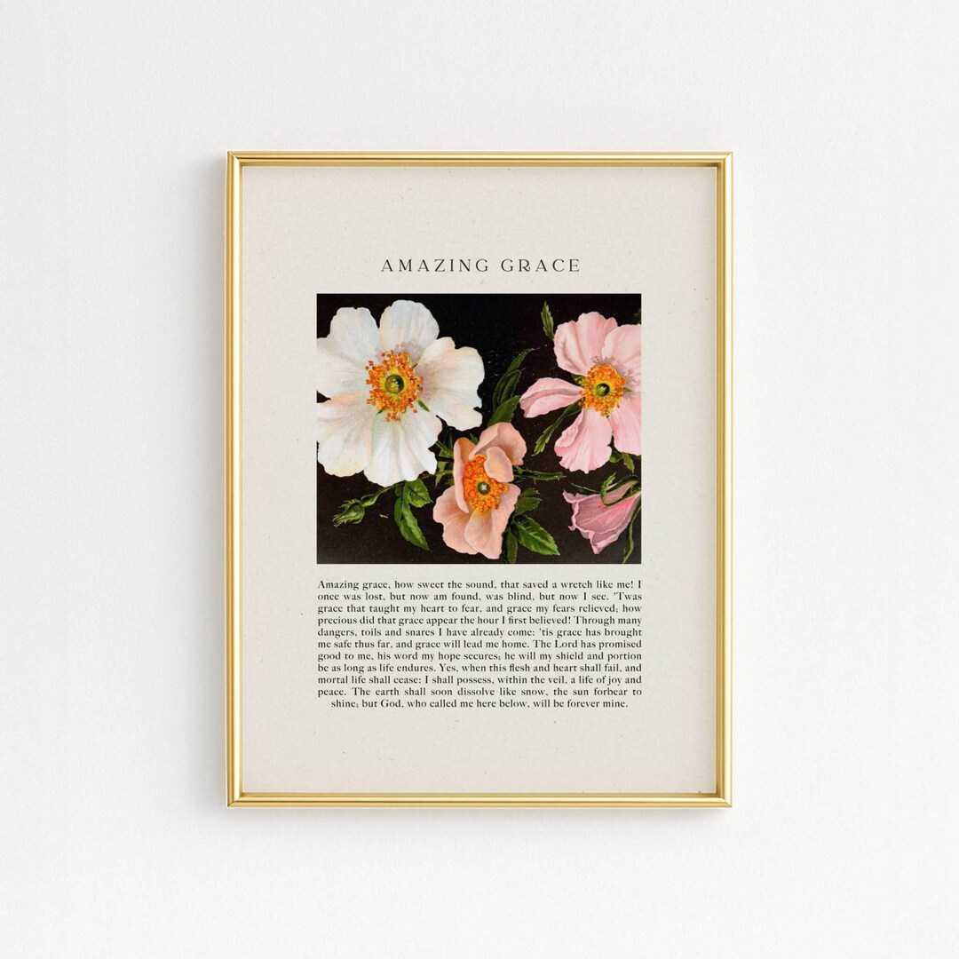 Amazing Grace Hymn Wall Art, Pink Vintage Floral Christian Printable ...