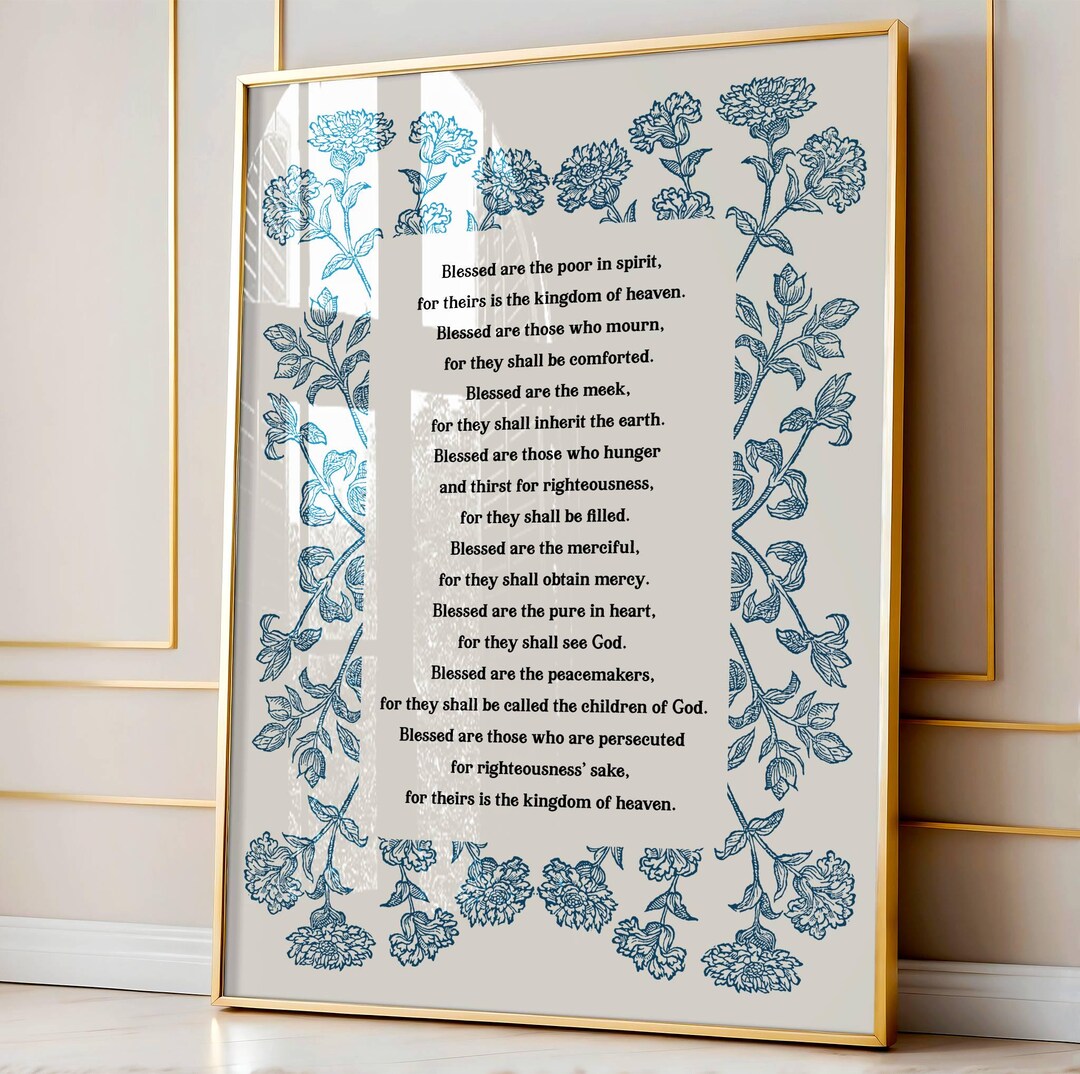Beatitudes Catholic Wall Art, Scripture Printable, Blue Floral Art ...