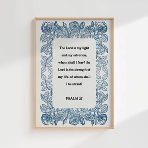 Psalm 27 Bible Verse Print Blue Floral Vintage Wall Art Christian ...