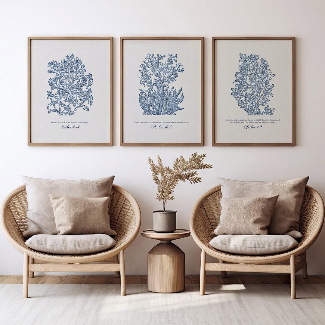 Christian Floral Set of 3 Prints, Psalm 46:5, Blue Botanical Scripture ...