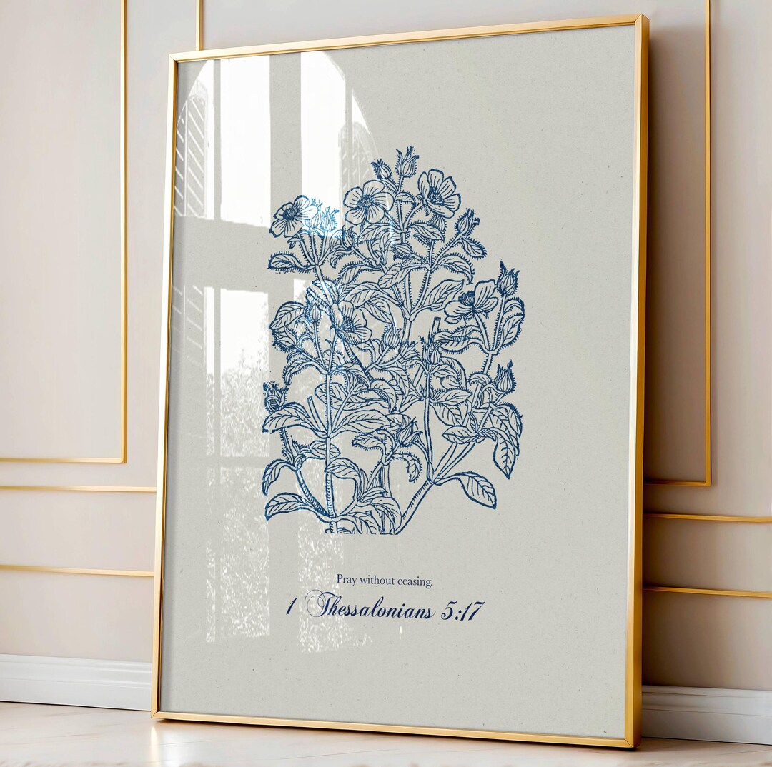 1 Thessalonians 5:17 Bible Verse Print, Vintage Floral Roses Drawing ...