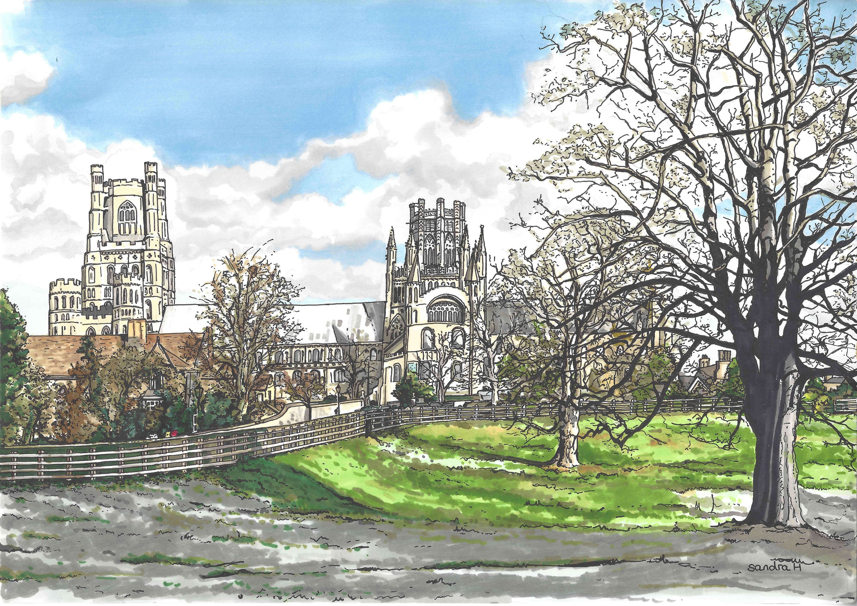 Limited Edition Print of a Pen and Ink Drawing of Ely Cathedral With ...