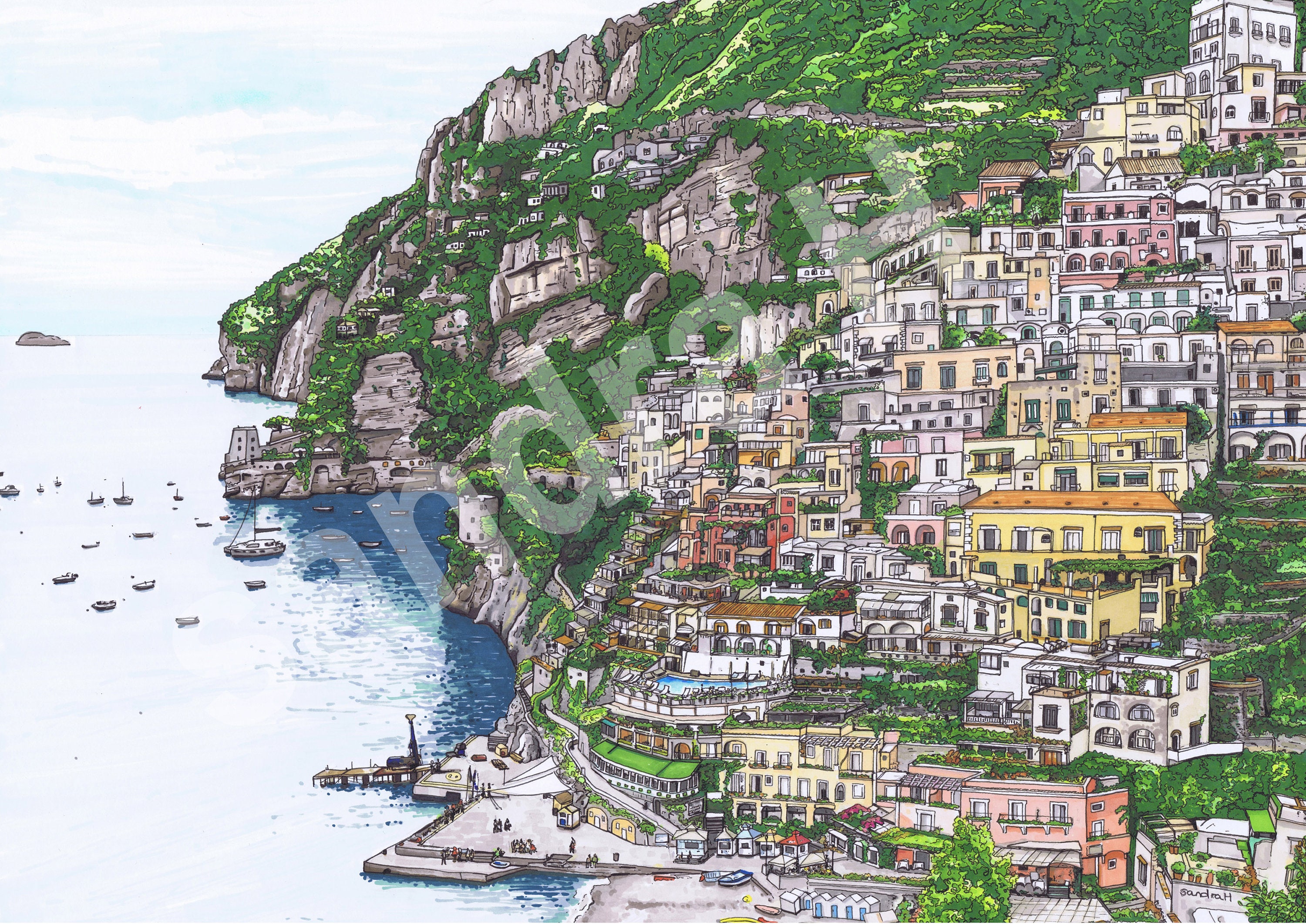 Limited Edition Print of a Pen and Ink Drawing of Positano on the ...