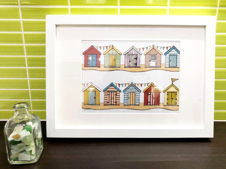 Limited Edition Print of a Pen and Ink Drawing of Beach Huts - With ...
