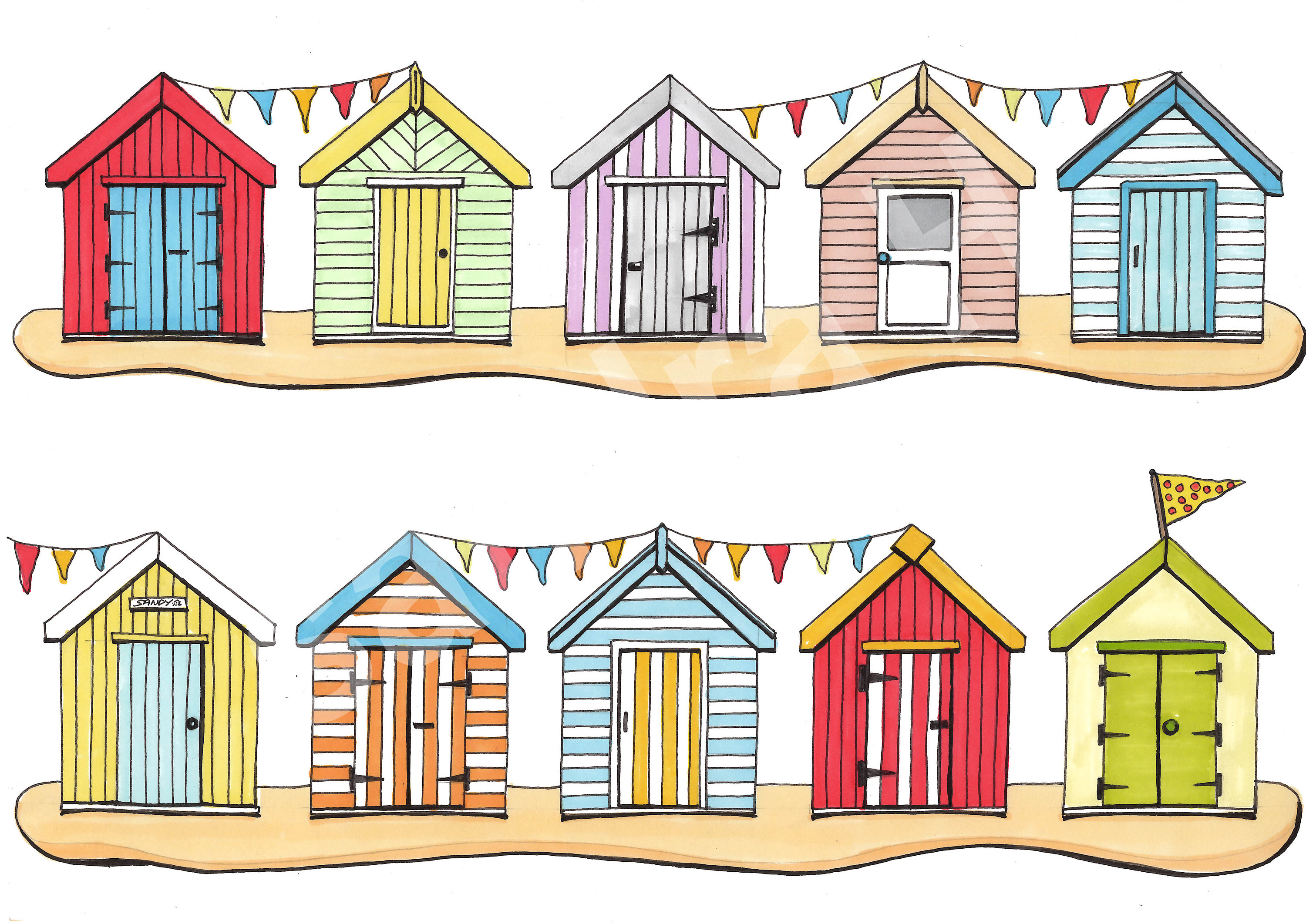 Limited Edition Print of a Pen and Ink Drawing of Beach Huts - With ...