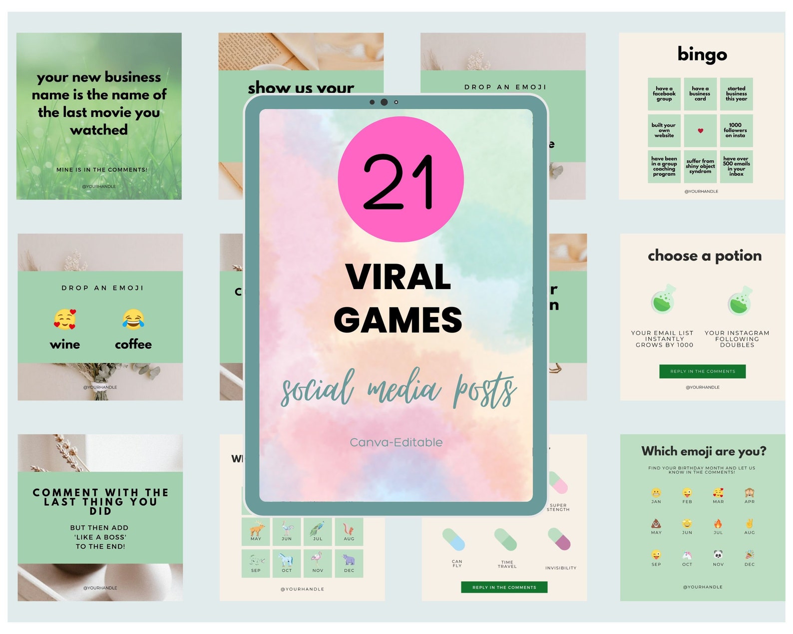 21 Viral Games Social Media Posts | Green Canva Templates | Engagement ...
