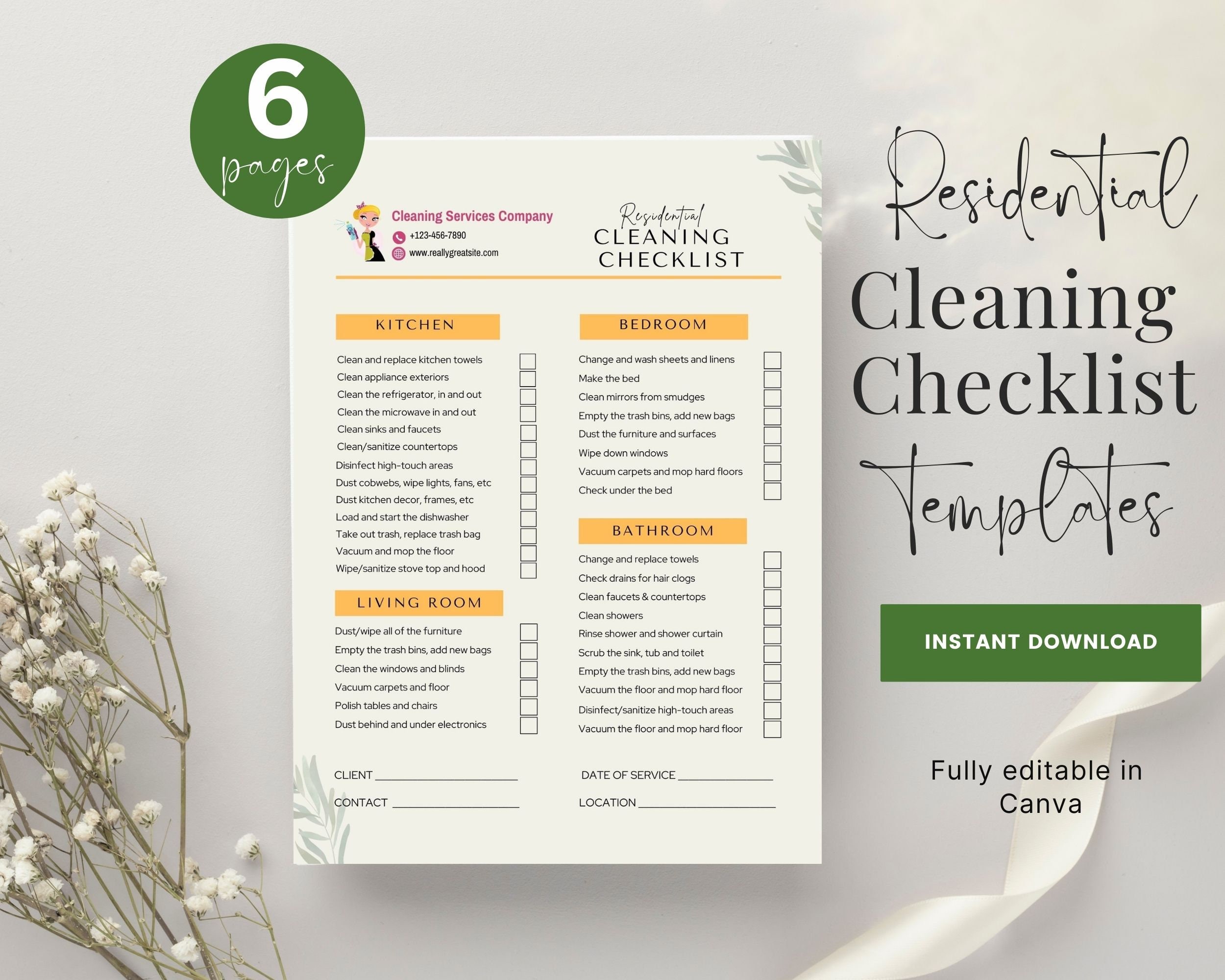 Residential Cleaning Checklist Template L Editable Checklist L Cleaning ...