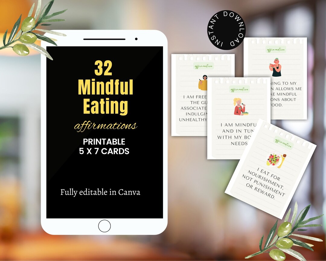 32 Mindful Eating Affirmation Cards, Canva Templates, Intuitive Eating ...