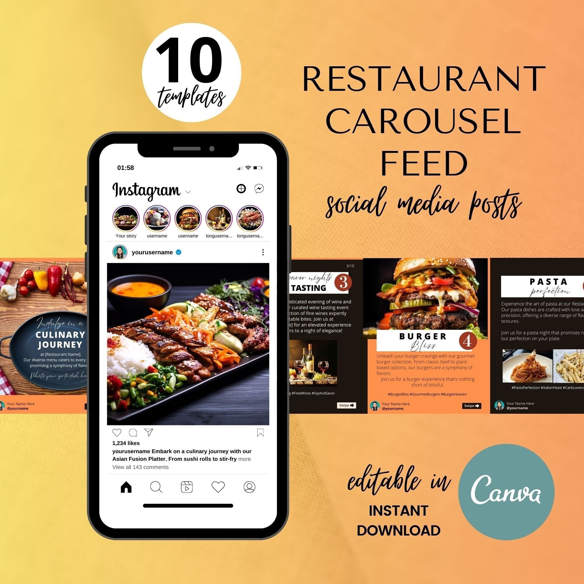 Instagram Template Food Carousel, Restaurant, Canva Templates, IG Posts ...