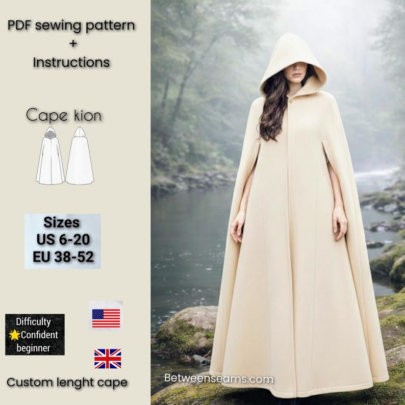 Hooded Cloak Sewing Pattern, Custom Length Cape PDF, Sizes US 6-20 EU ...