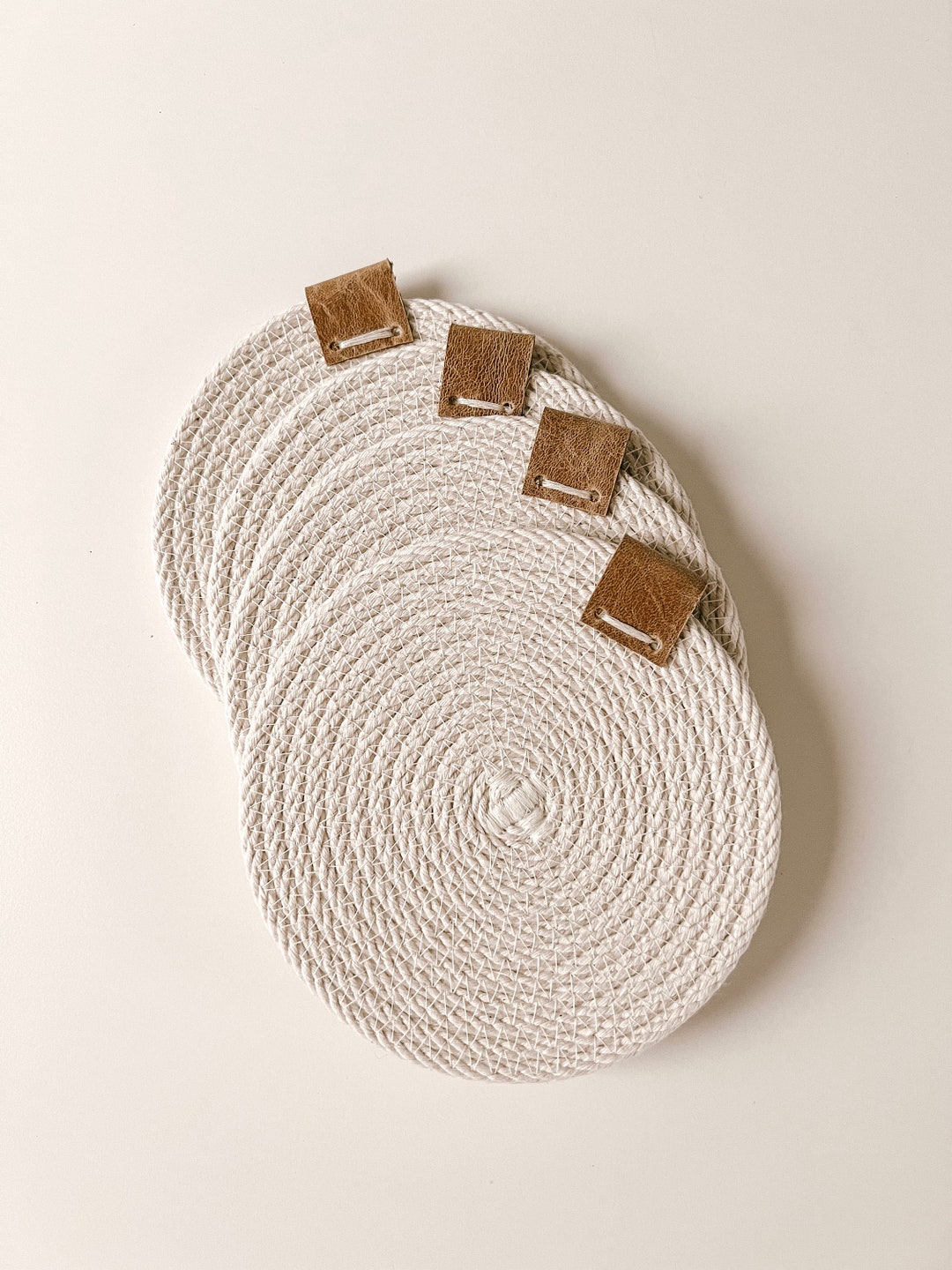 Hemp Rope Coasters Set of 4 Leather Tags Handmade Home Decor Rustic ...