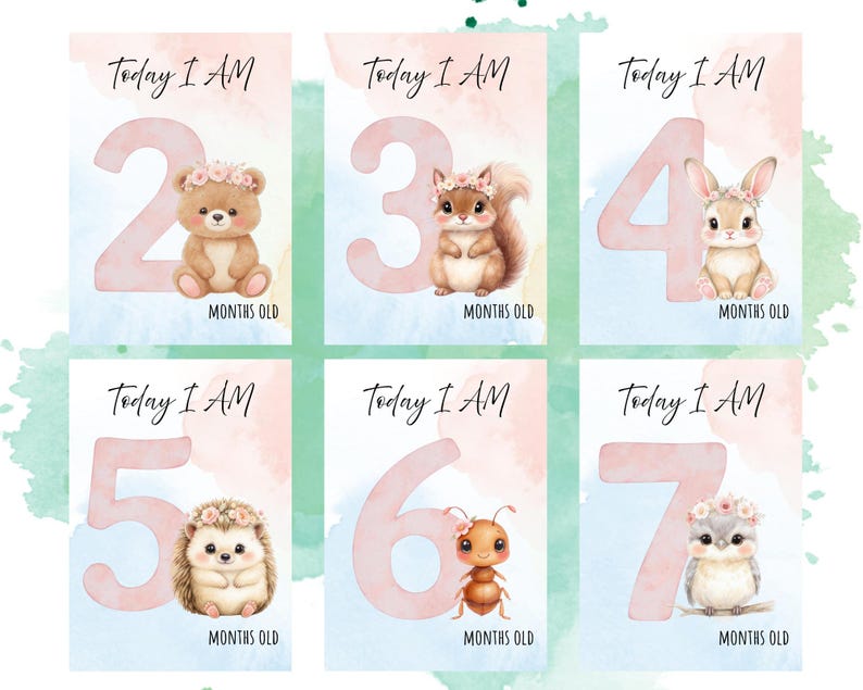 Milestone Cards, Forest Animals, Baby Girl, Boho Animals, Watercolor ...
