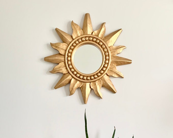 Large Vintage Sun Mirror, Bohemian Golden Gilded Sunburst Wall Mirror ...