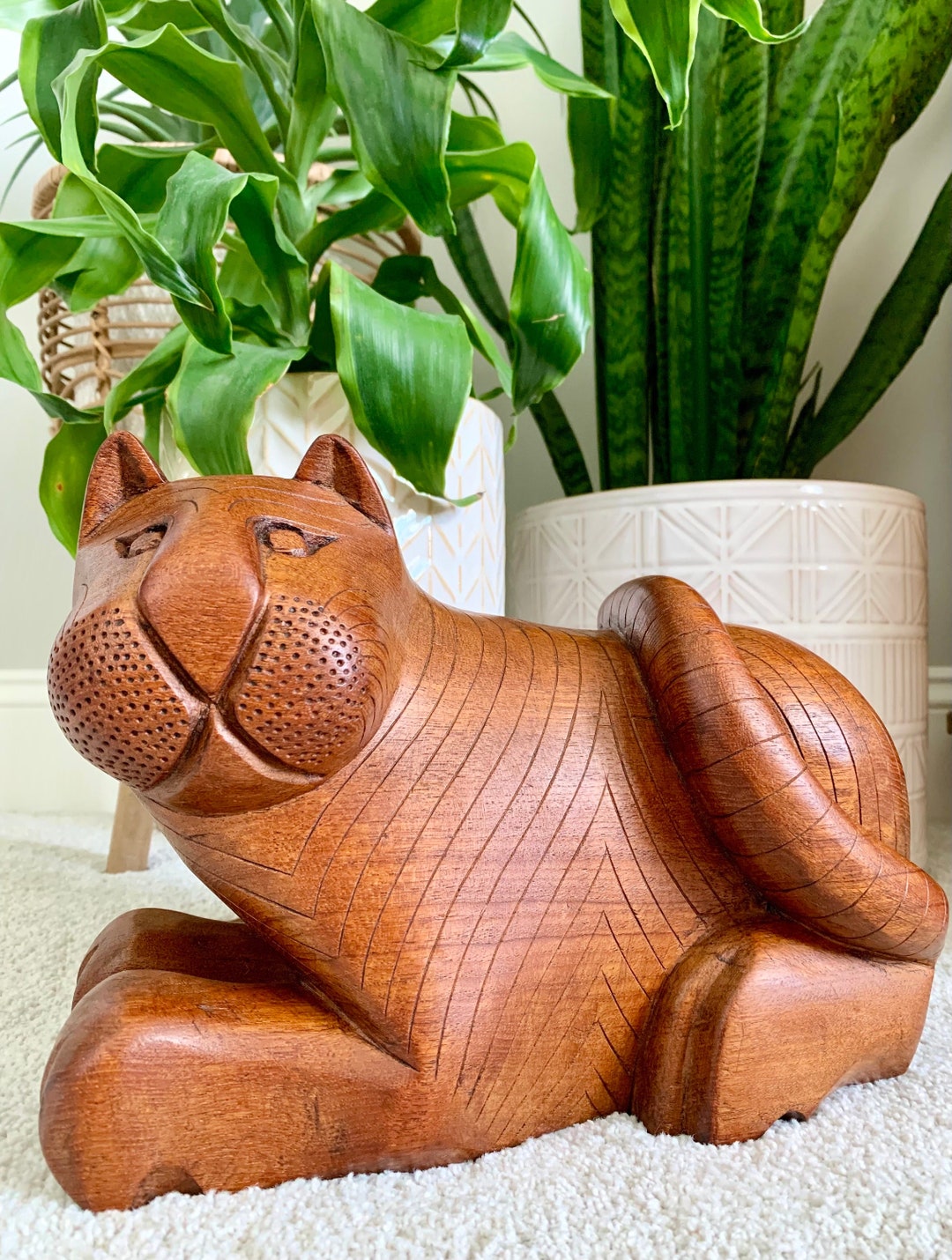Vintage Carved MCM Wood Cat With Secret Compartment, Solid Wood Feline ...