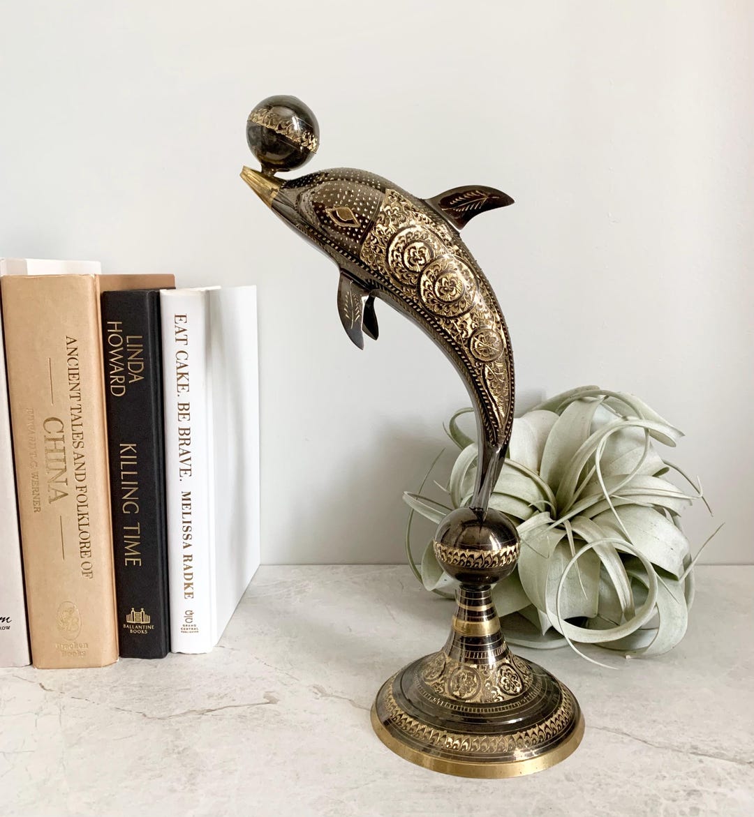 Vintage Brass Dolphin, Etched Dolphin Balancing Ball on Nose, Coastal ...