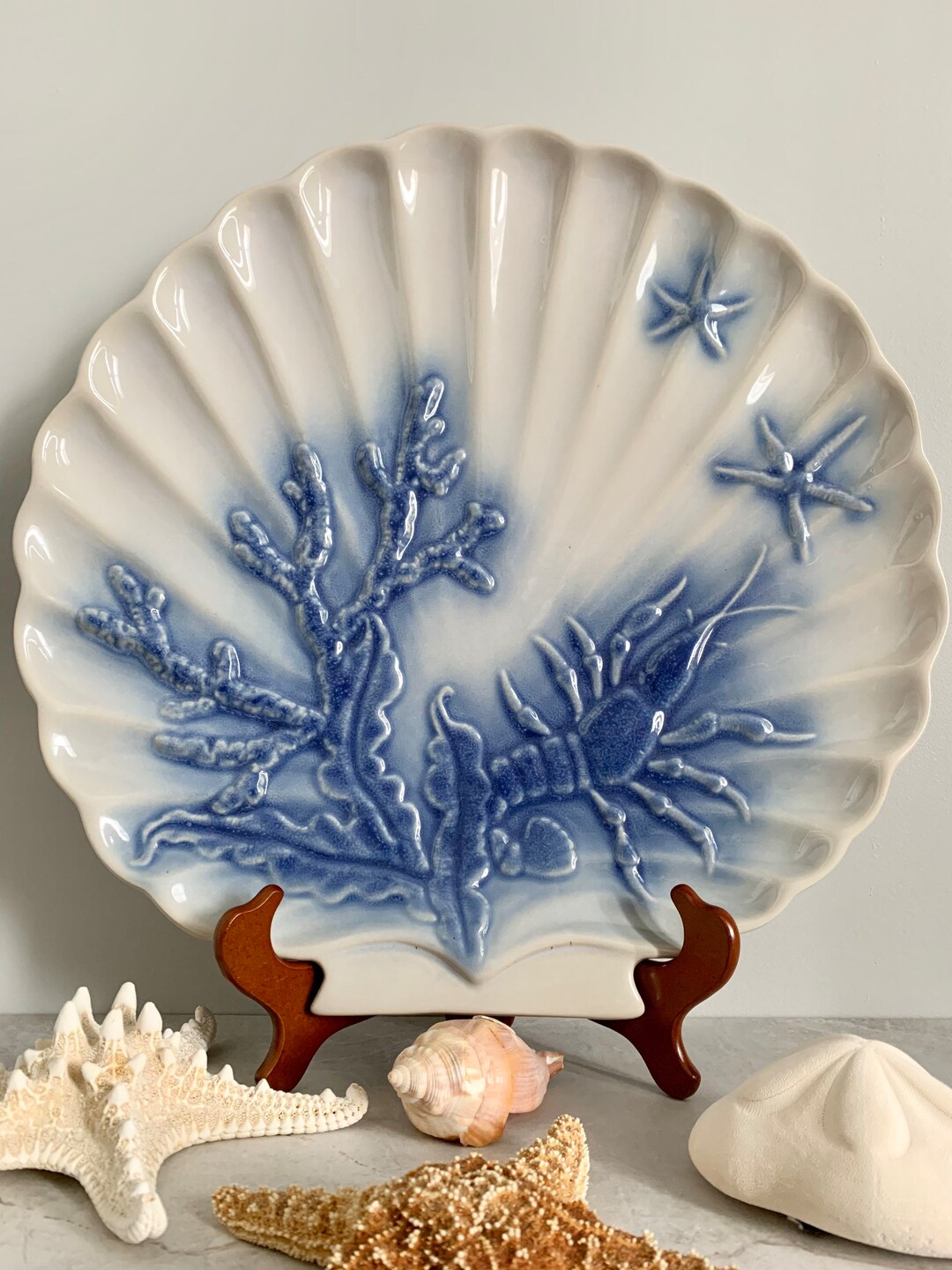 XL Cobalt Blue and White Clam Shell Serving Tray, Centerpiece Display ...