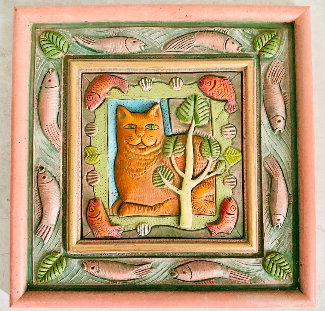 Vintage 3D Cat Wall Tile: Colorful Feline Art (10.5" X 10.5") - Etsy