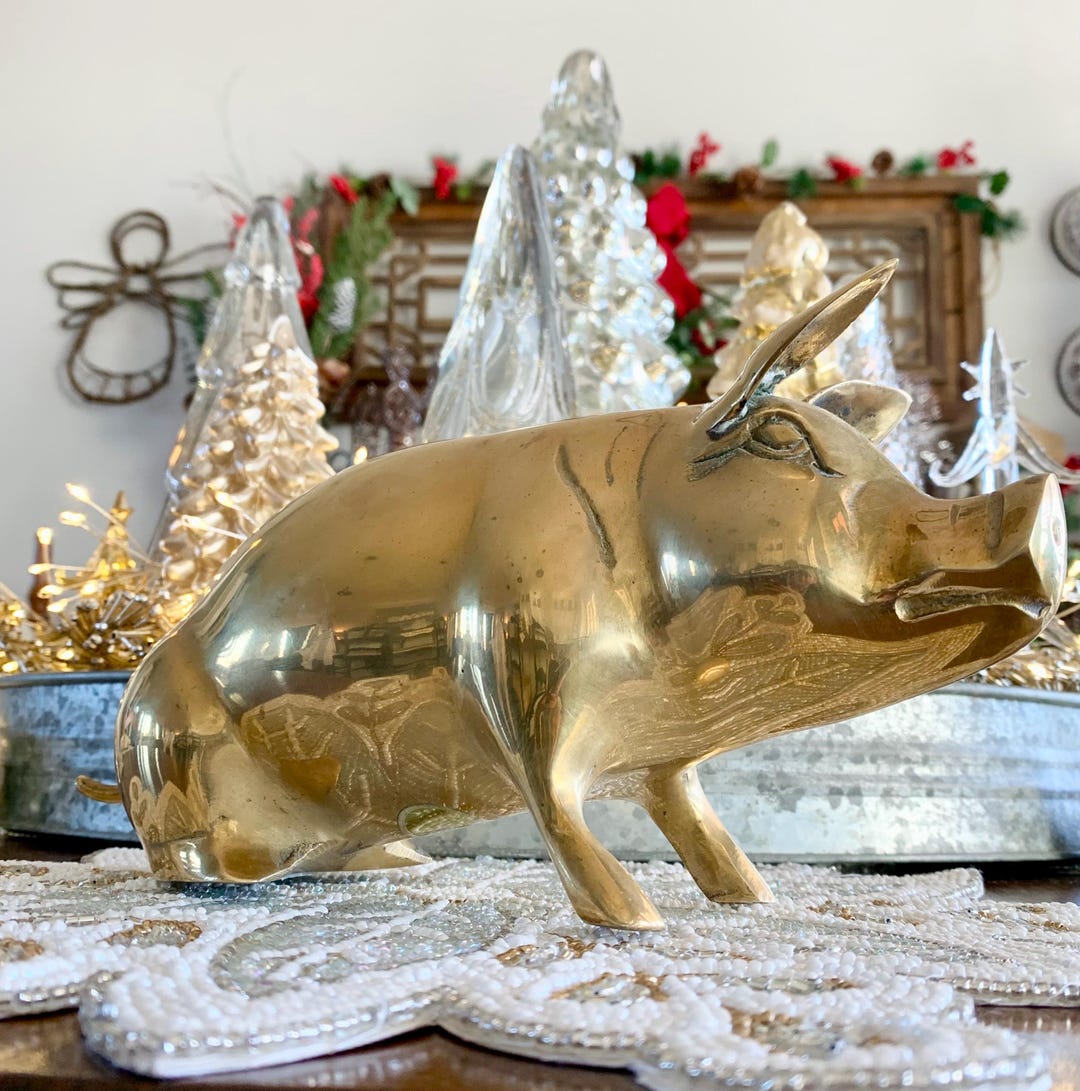 Vintage Brass Piggy Bank: MCM Rustic Farmhouse Decor - Etsy